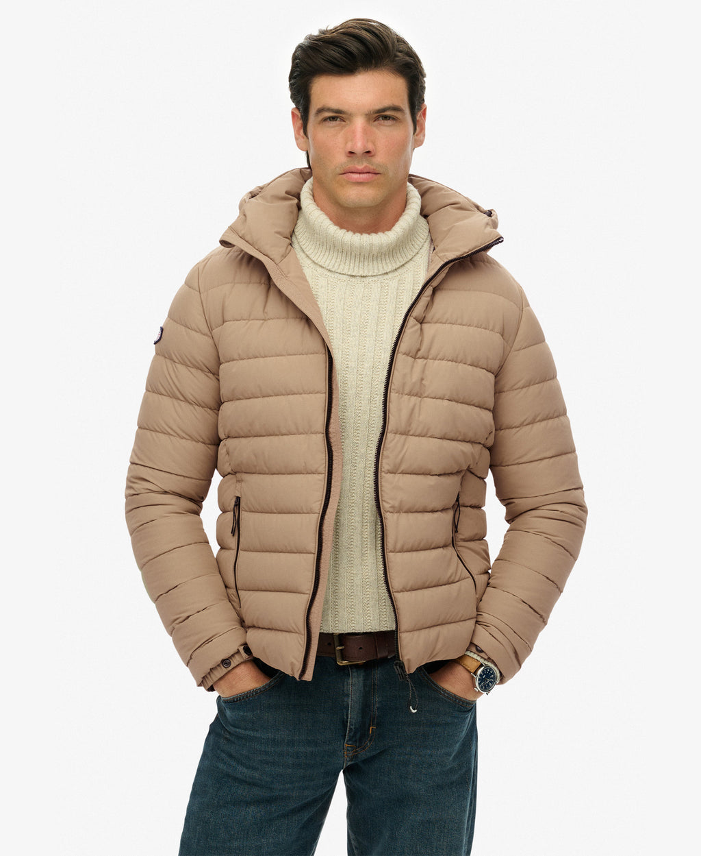Hooded Fuji Padded Slim Fit Jacket | Winter Twig Beige – Superdry