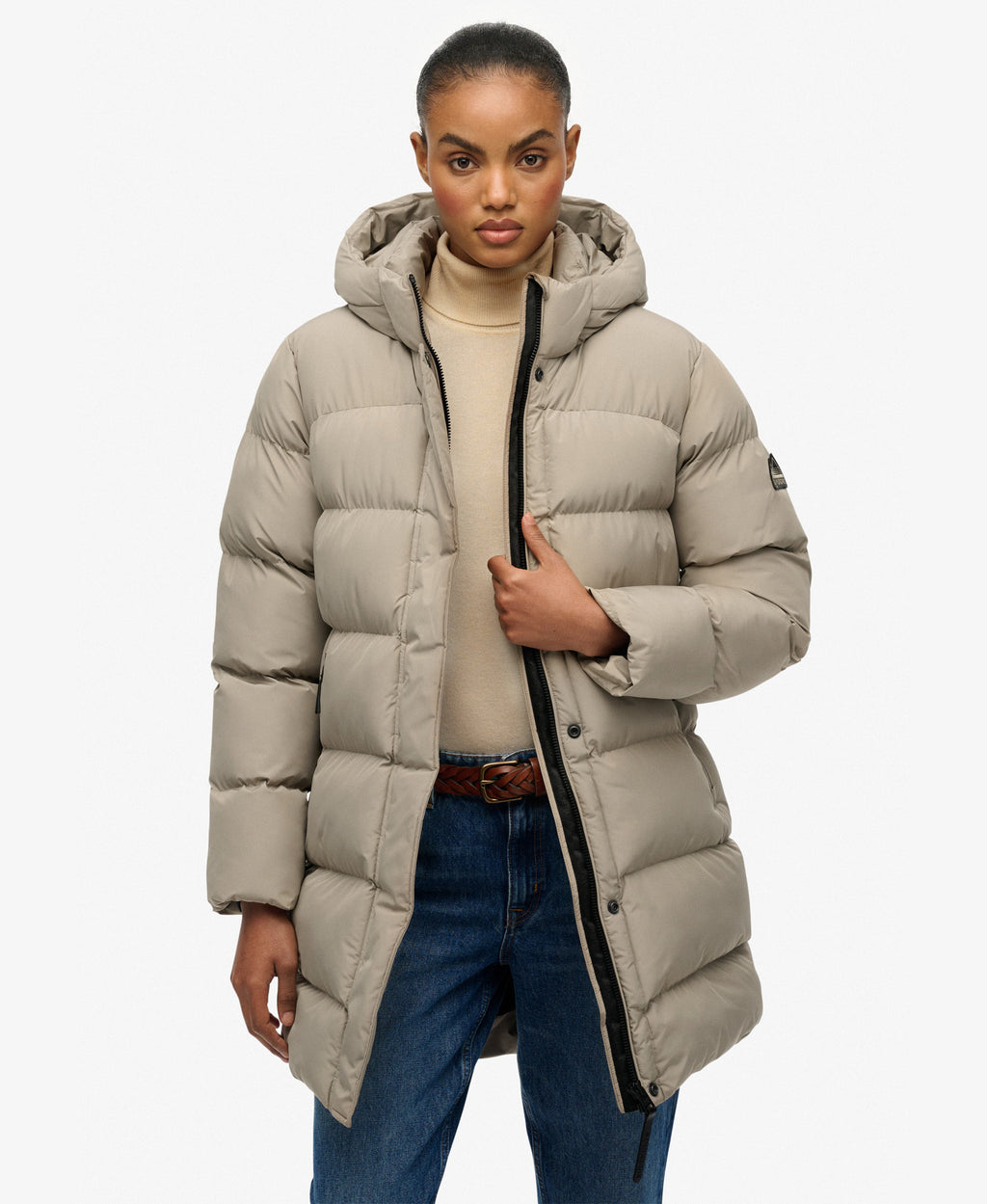 Hooded Sports Puffer Mid Jacket | Winter Twig Beige – Superdry