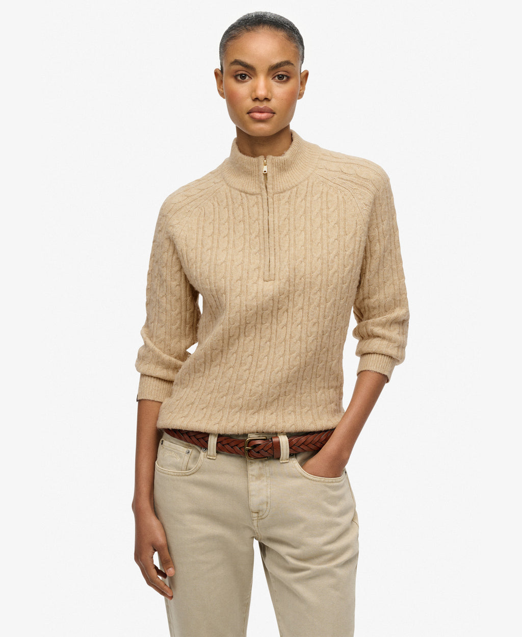 Brushed Cable Half Zip Knit | Safari Beige Marle – Superdry